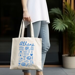 Greece Tote Bag, Athens Collage Cotton Canvas Handbag, Greek Travel ...