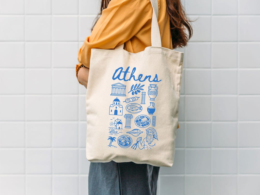 Greece Tote Bag, Athens Collage Cotton Canvas Handbag, Greek Travel ...