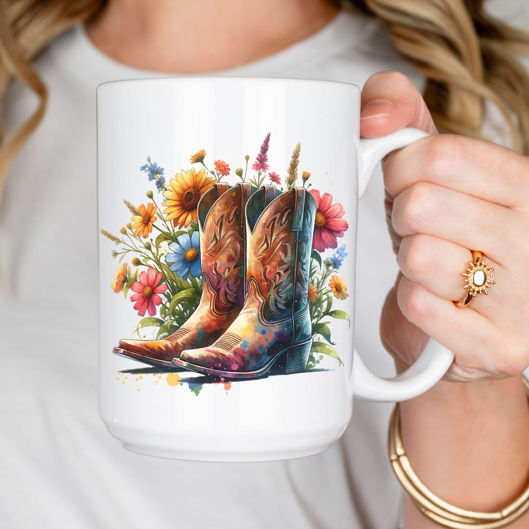 Cowboy Boots Ceramic Mug, Western Watercolor Coffee Cup, Microwave Safe ...