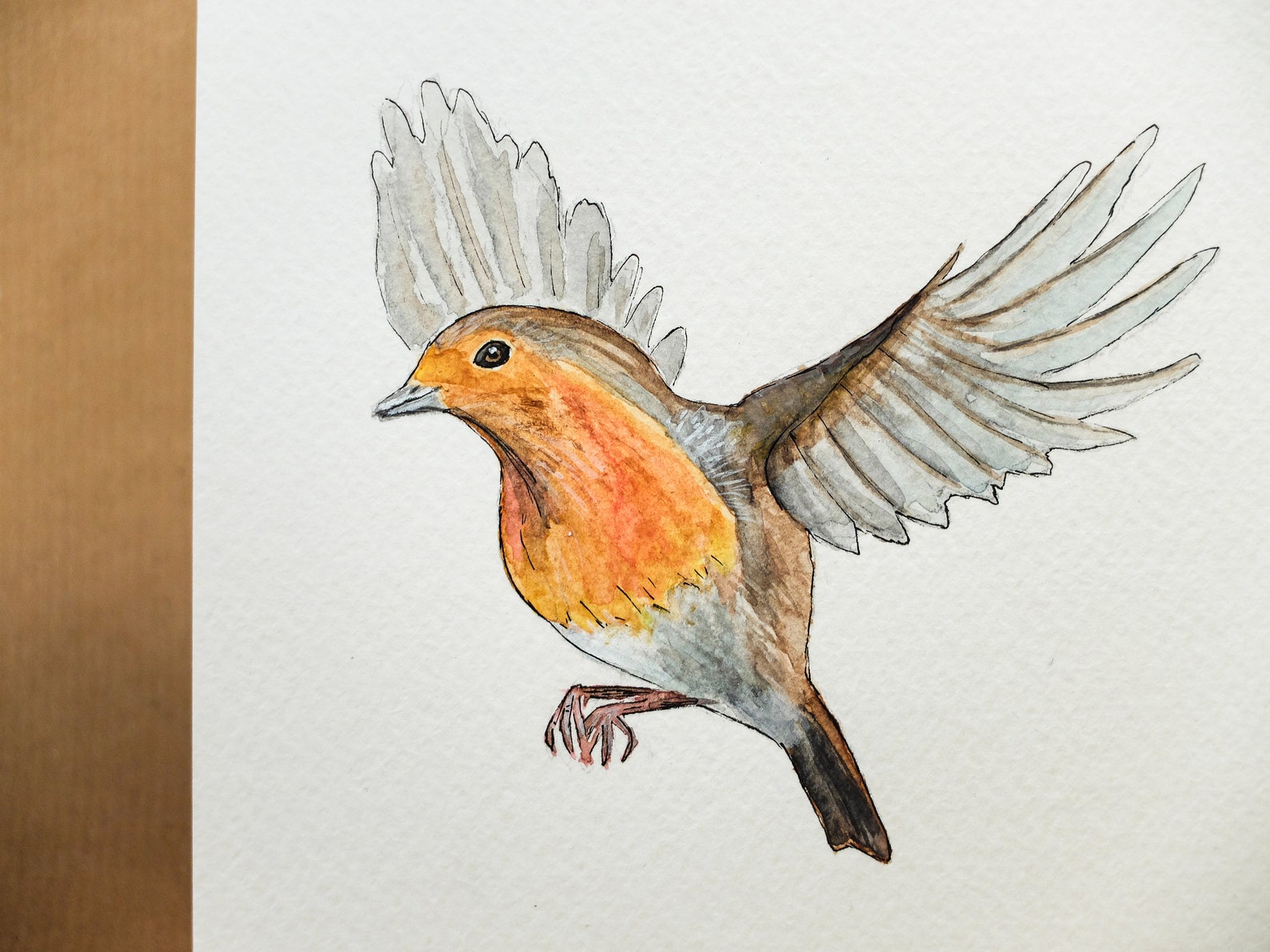 FLYING ROBIN Original Drawing Watercolor Handmade Nature Birds Forest ...