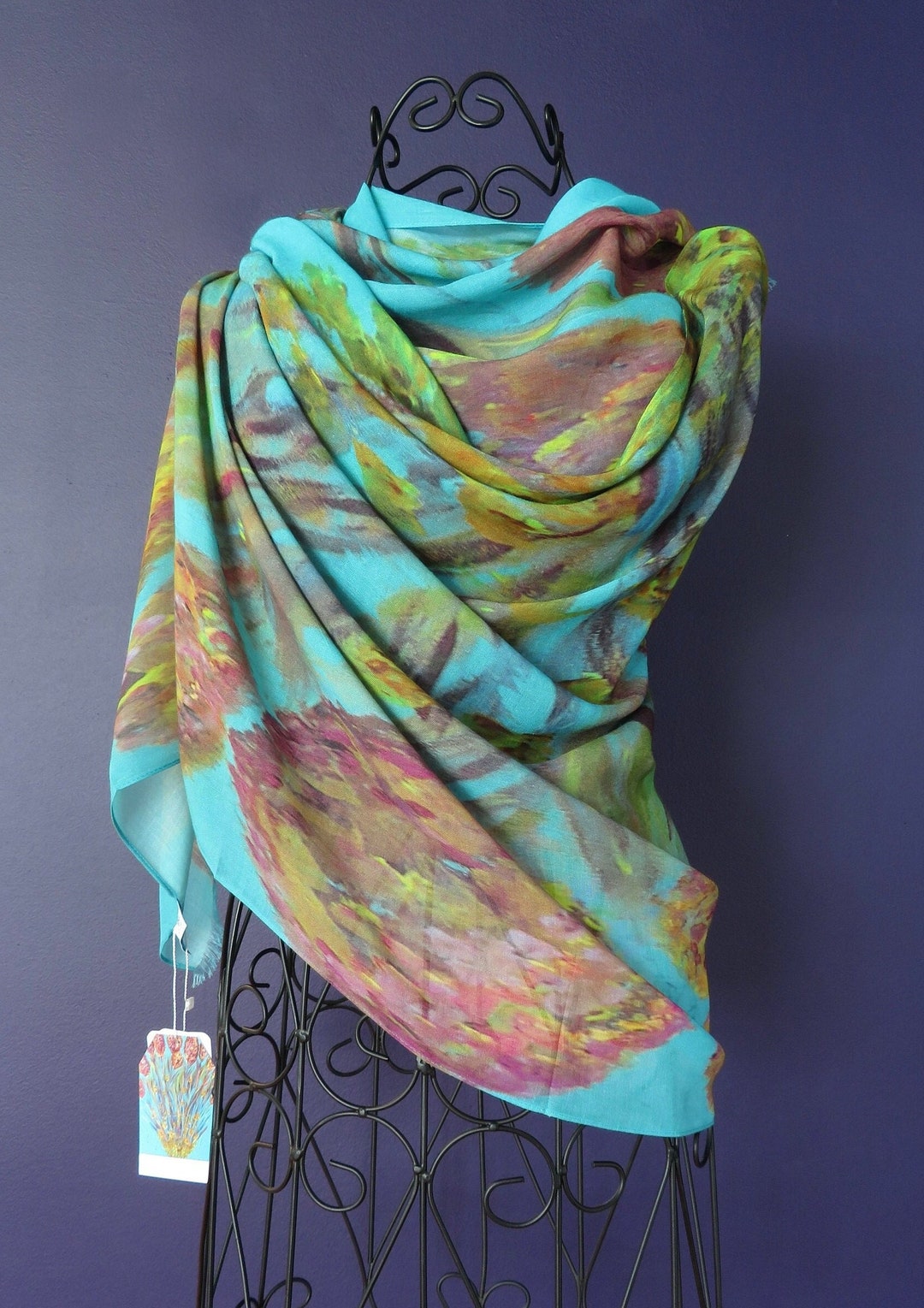 Long All Season Turquoise and Gold Modal Silk Scarf, Unique Gifts for ...