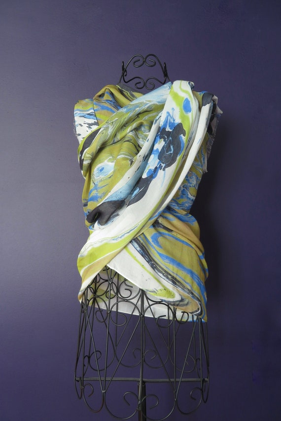 Long Green Blue and White Modal Silk Scarf All Season | Etsy
