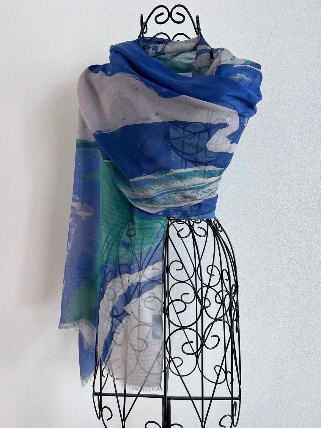 Royal Blue Mint Green Modal Silk Scarf, Long Lightweight All Season ...