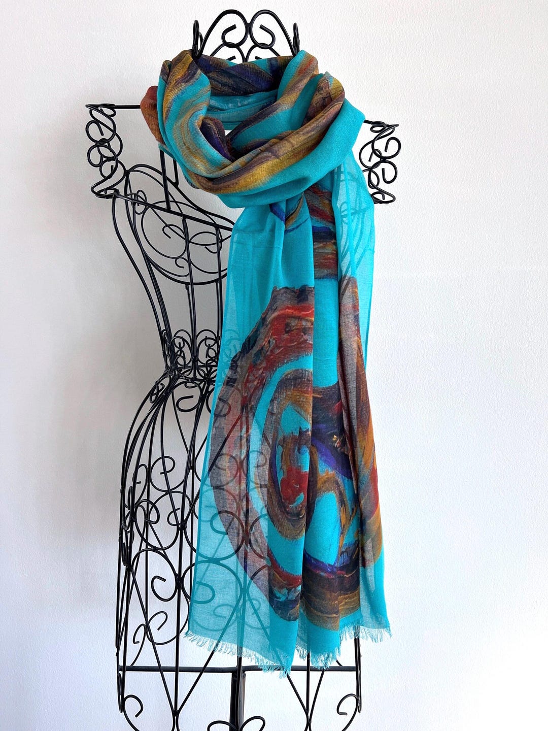 Buy Silk Modal Scarf: Turquoise Copper Art Shawl - Unknown Freedom ...