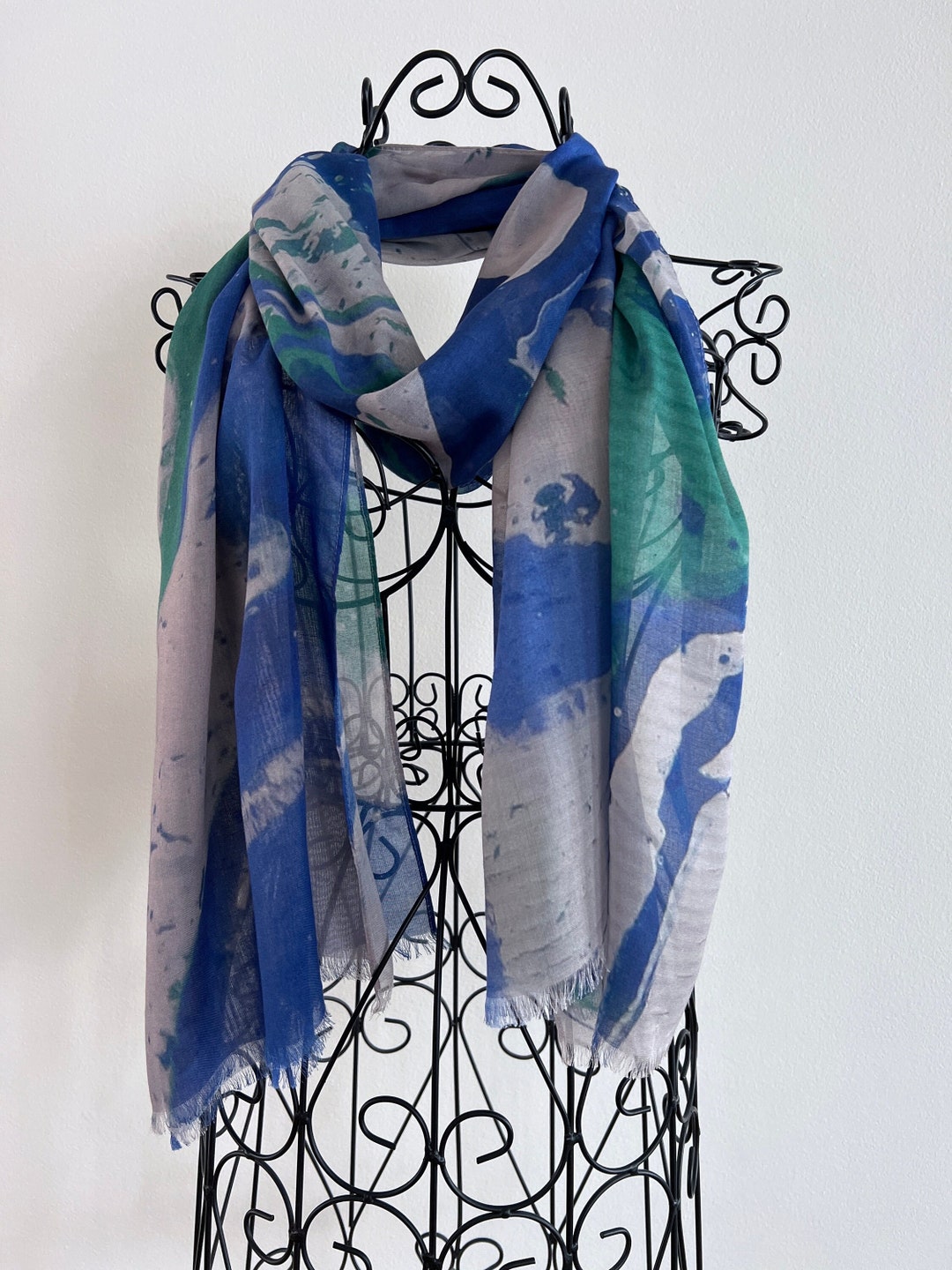 Royal Blue Mint Green Modal Silk Scarf, Long Lightweight All Season ...