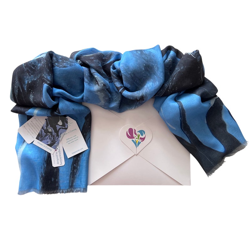 Blue and Dark Grey Silk Modal Scarf: Lightweight Art Scarf - Winter is ...