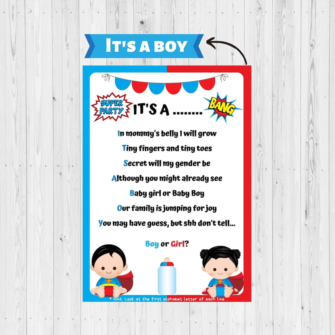 Superhero Gender Reveal Card Printable Superhero Gender Reveal Riddles ...