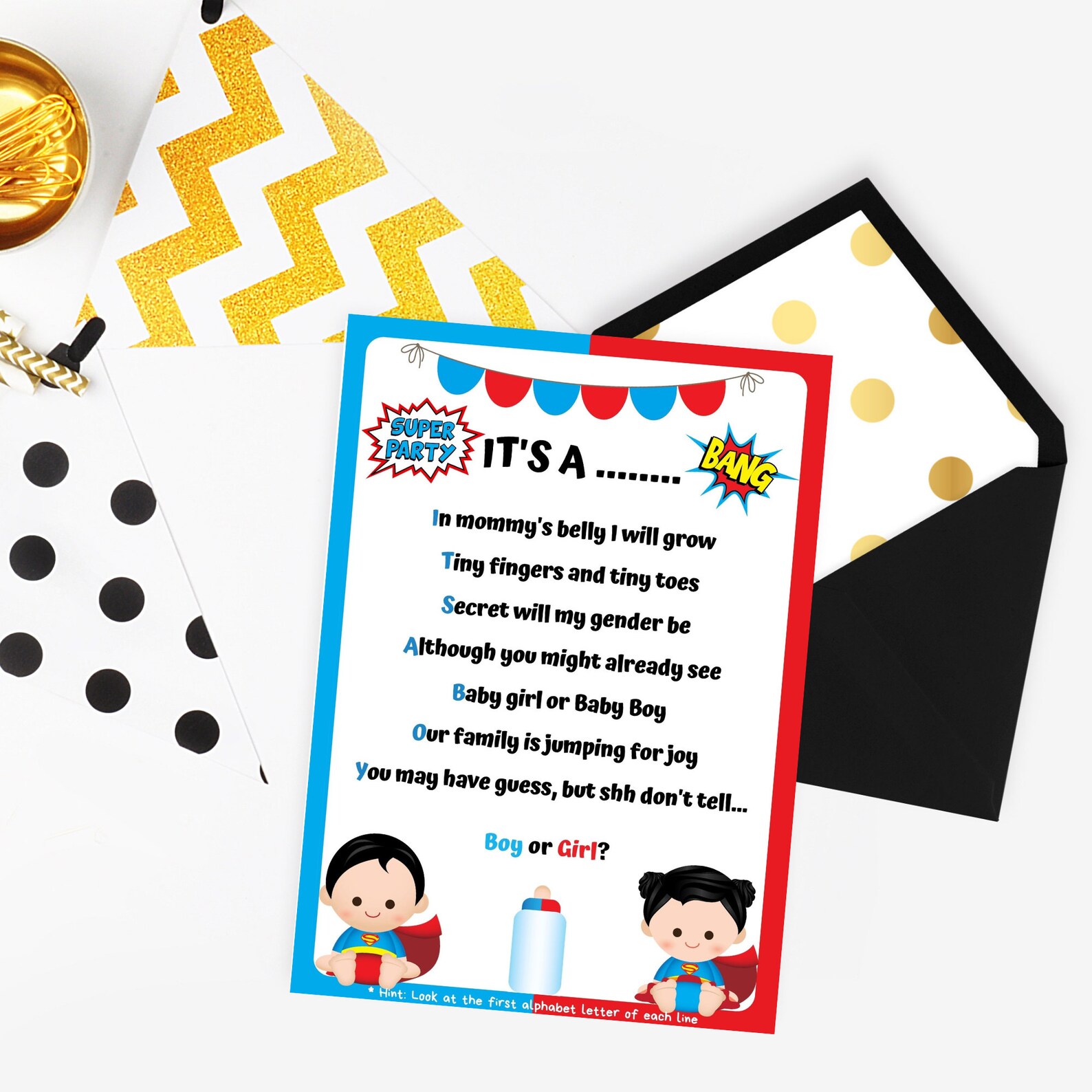 Superhero Gender Reveal Card Printable Superhero Gender Reveal Riddles ...