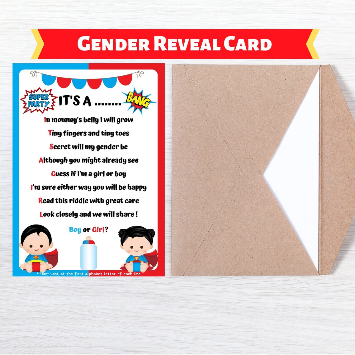 Superhero Gender Reveal Card Printable Superhero Gender Reveal Riddles ...