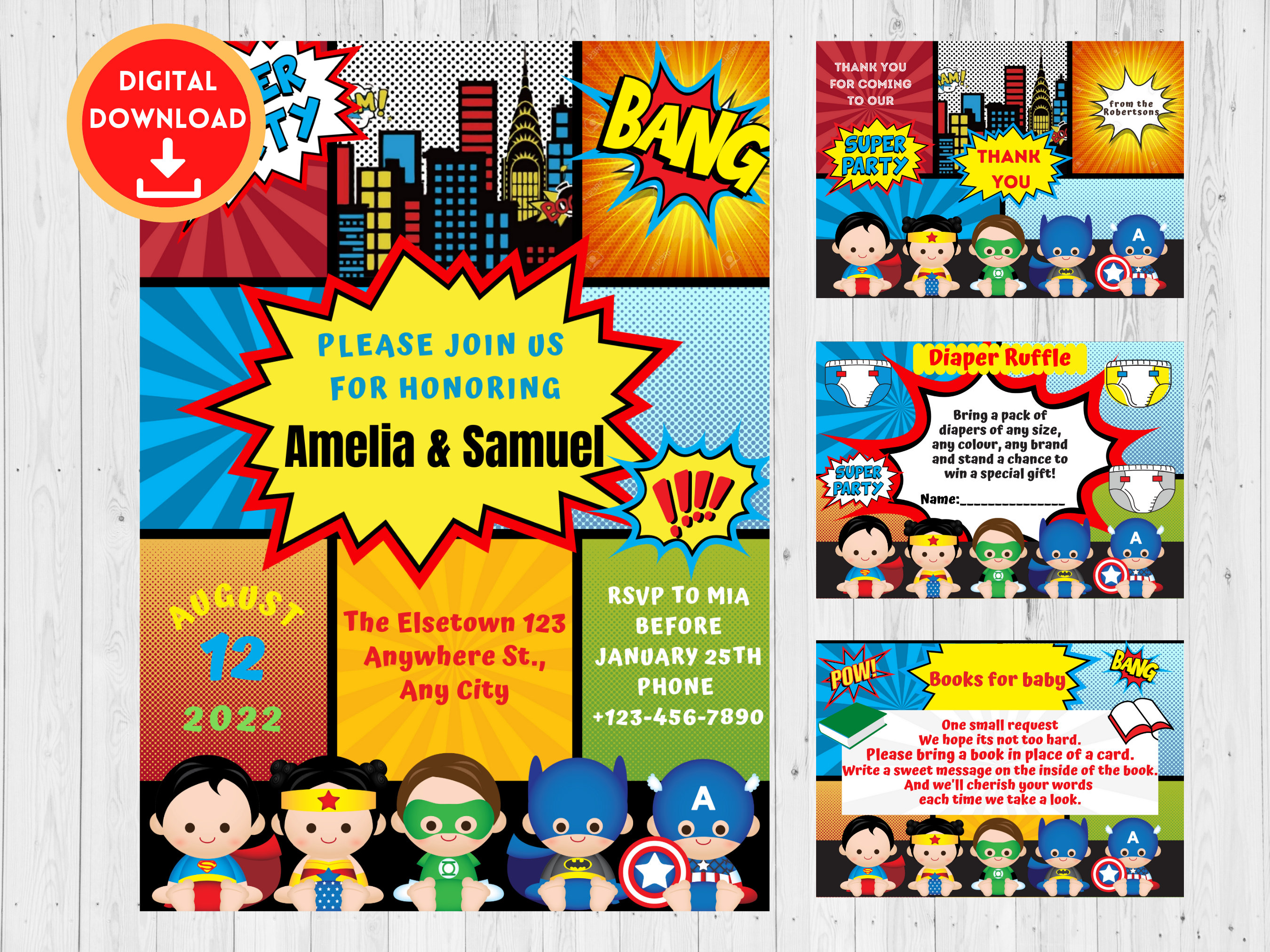 Superhero Baby Shower Invitation |superheroes Comic Theme Baby Shower ...