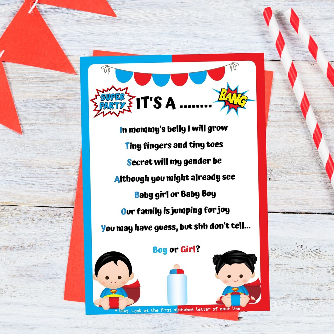 Superhero Gender Reveal Card Printable Superhero Gender Reveal Riddles ...