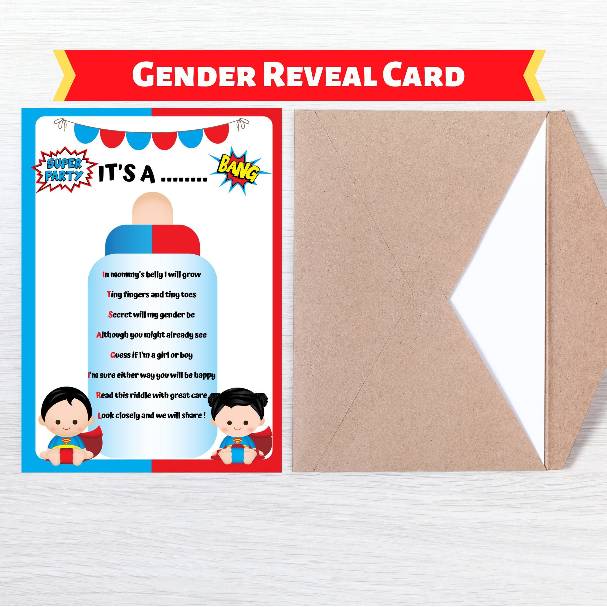 Superhero Gender Reveal Card | Superhero Gender Reveal Riddles Poem ...