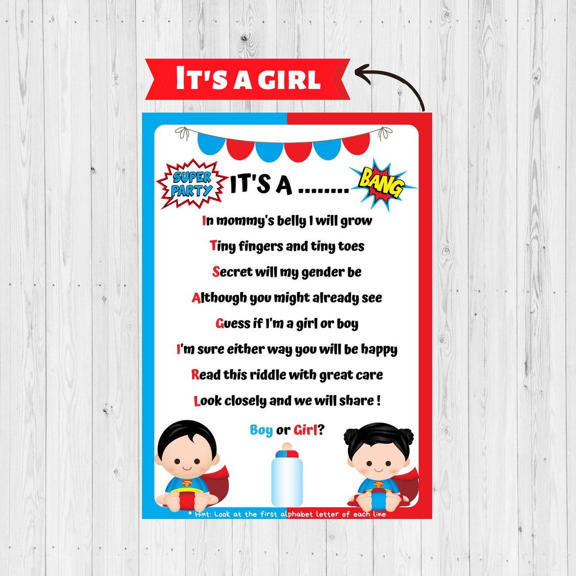 Superhero Gender Reveal Card Printable Superhero Gender Reveal Riddles ...
