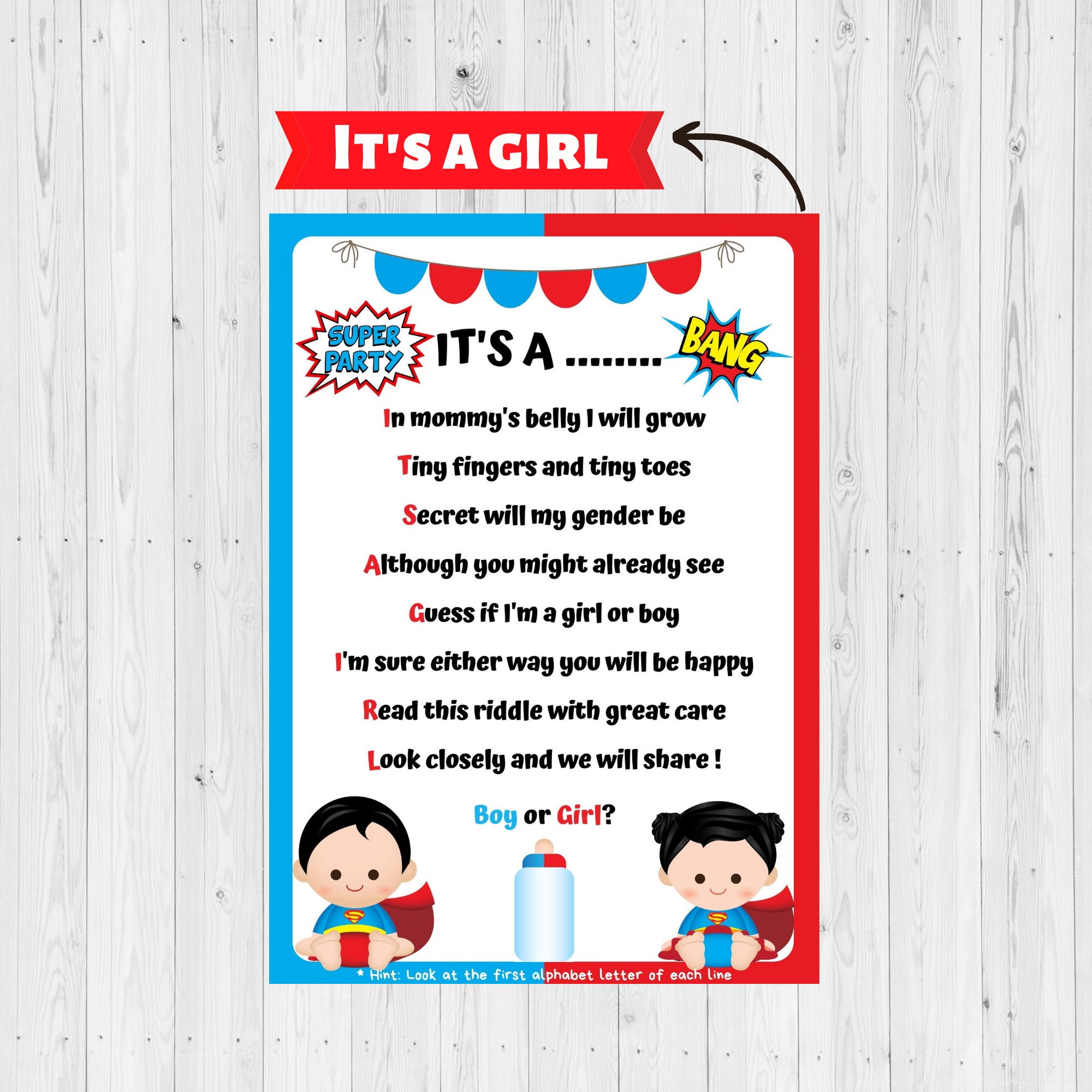 Superhero Gender Reveal Card Printable | Superhero Gender Reveal ...