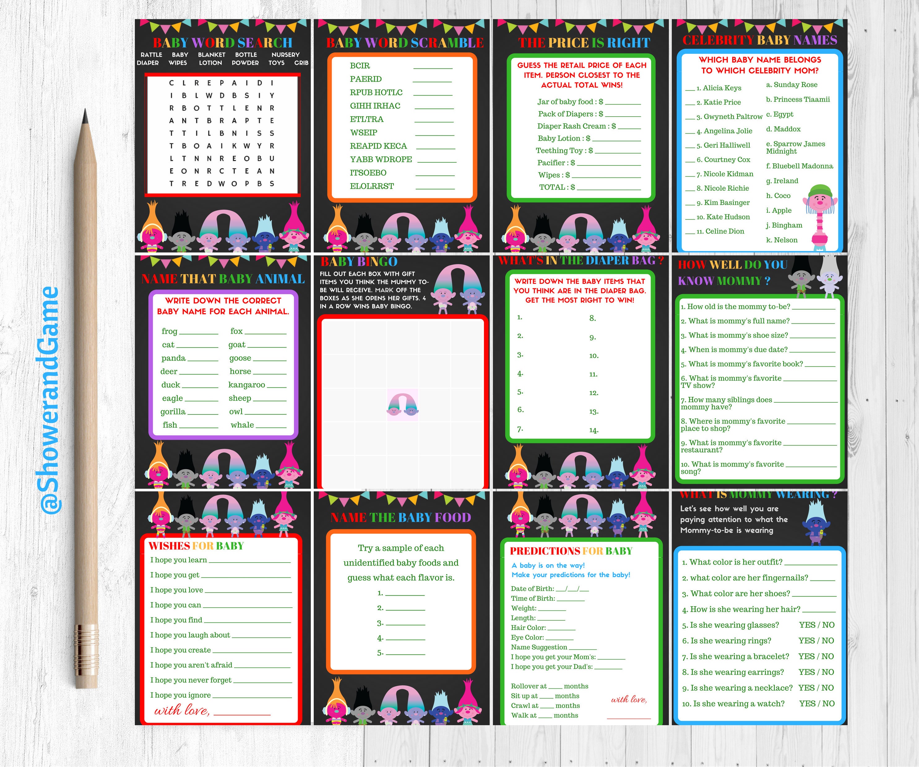 Trolls 24 Baby Shower Game Package | Trolls Baby Shower Game Bundle ...