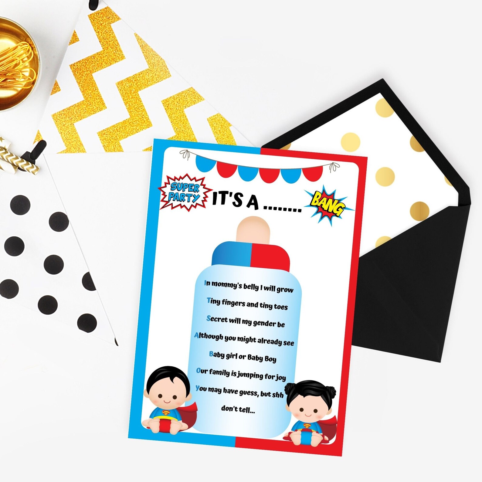 Superhero Gender Reveal Card | Superhero Gender Reveal Riddles Poem ...