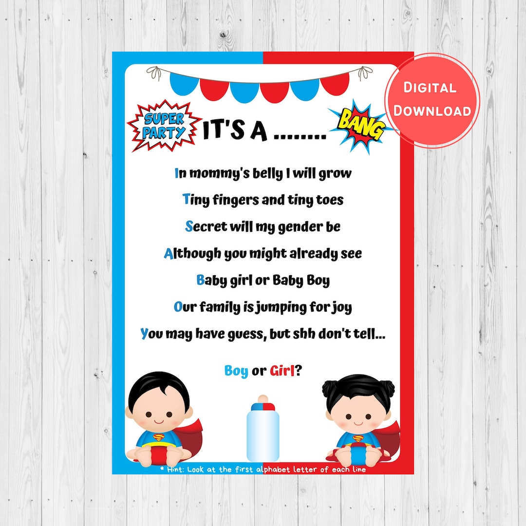 Superhero Gender Reveal Card Printable | Superhero Gender Reveal ...