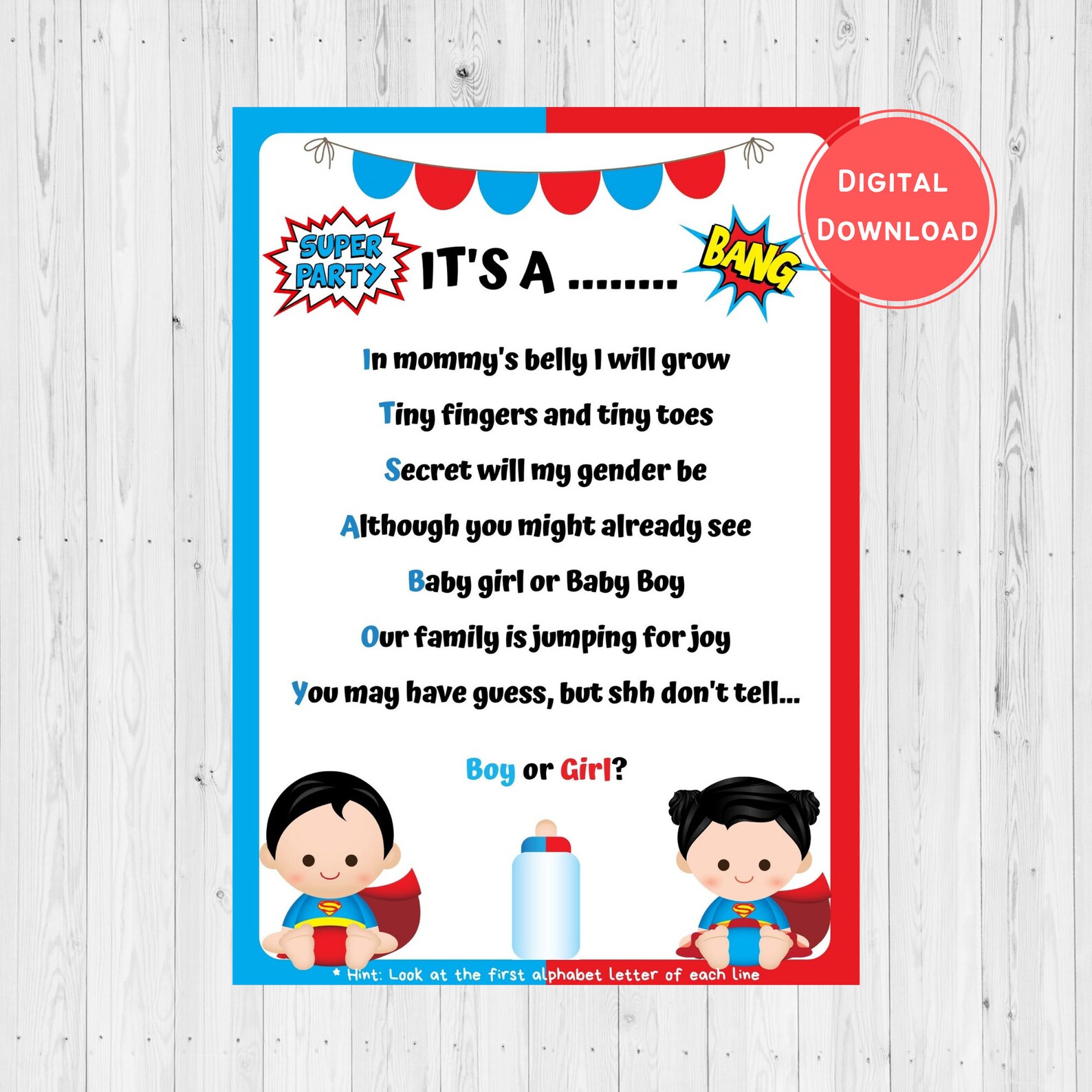 Superhero Gender Reveal Card Printable | Superhero Gender Reveal ...