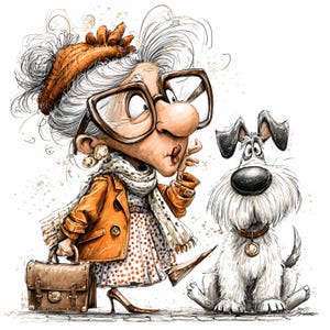 24 JPEG Stylish Grandma and Dog Clipart – Funny Cartoon JPG – Elegant ...