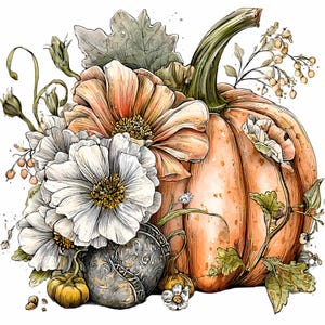 10 PNG Fall Pumpkin Clipart - Rustic Pumpkin With Flowers PNG for ...