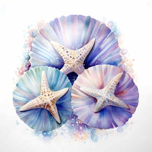 20 JPEG Seashells and Starfish JPG Clipart, Watercolor Ocean Scene ...