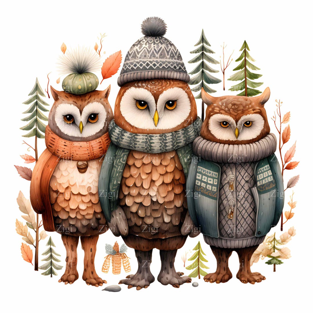 25 JPEG Owl Trio Clip Art Autumn-themed Woodland Owls in Attire JPG ...