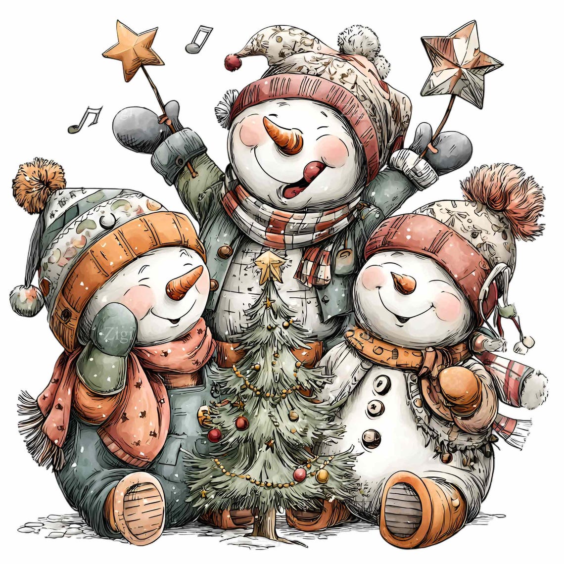 10 PNG Caroling Snowmen Clipart – Christmas Singing PNG – Festive ...