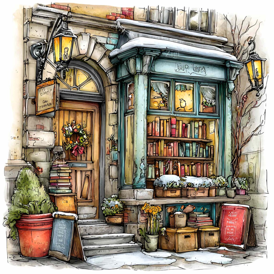 10 PNG Winter Bookstore Clipart – Snowy Library PNG – Vintage Cottage ...