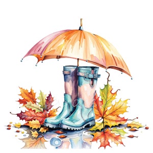 Autumn Rain Boots Clipart, 15 Fall Leaves Umbrella PNG, Watercolor ...