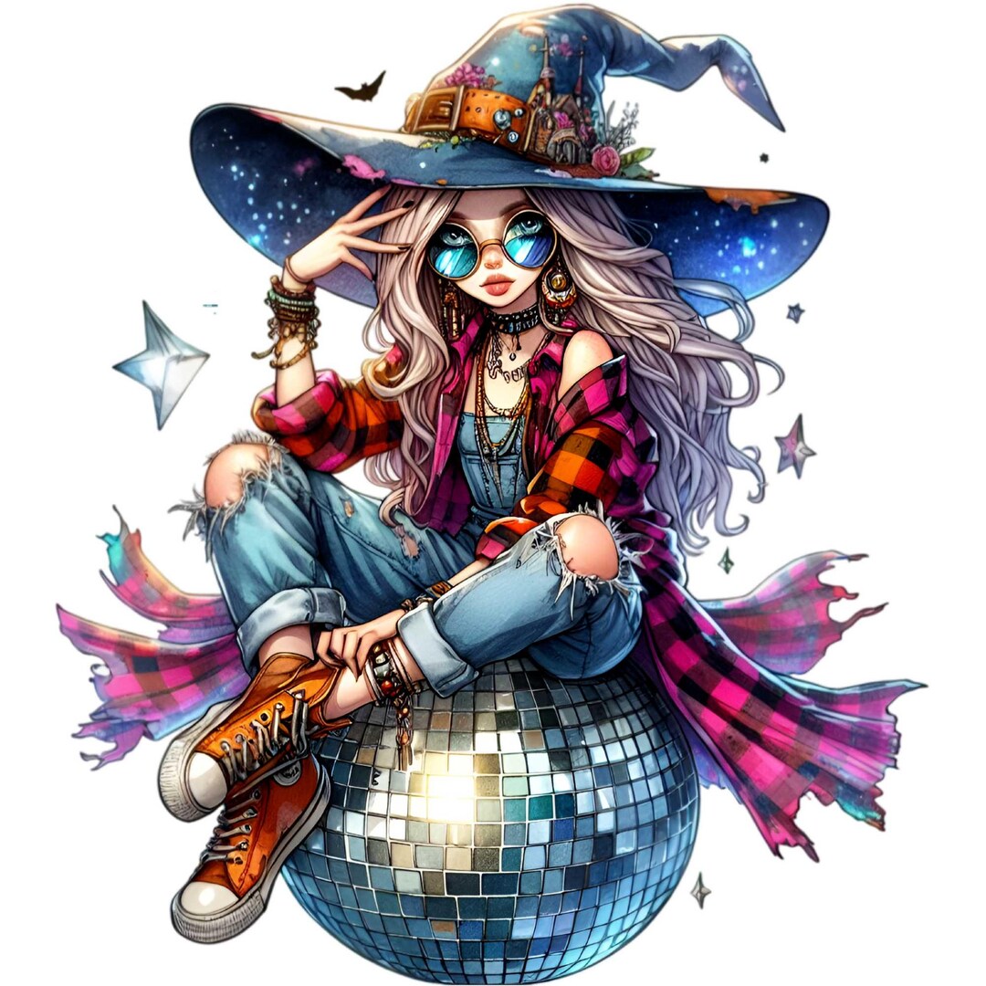 12 Disco Witch PNG – Trendy Halloween Witch Clipart on Mirror Ball With ...