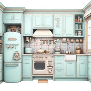 24 Retro Pastel Kitchen PNG Clipart, Vintage Blue Fridge & Stove With ...