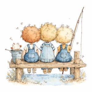 16 PNG Fishing Kids Clipart – Three Children on Pier PNG – Rustic ...