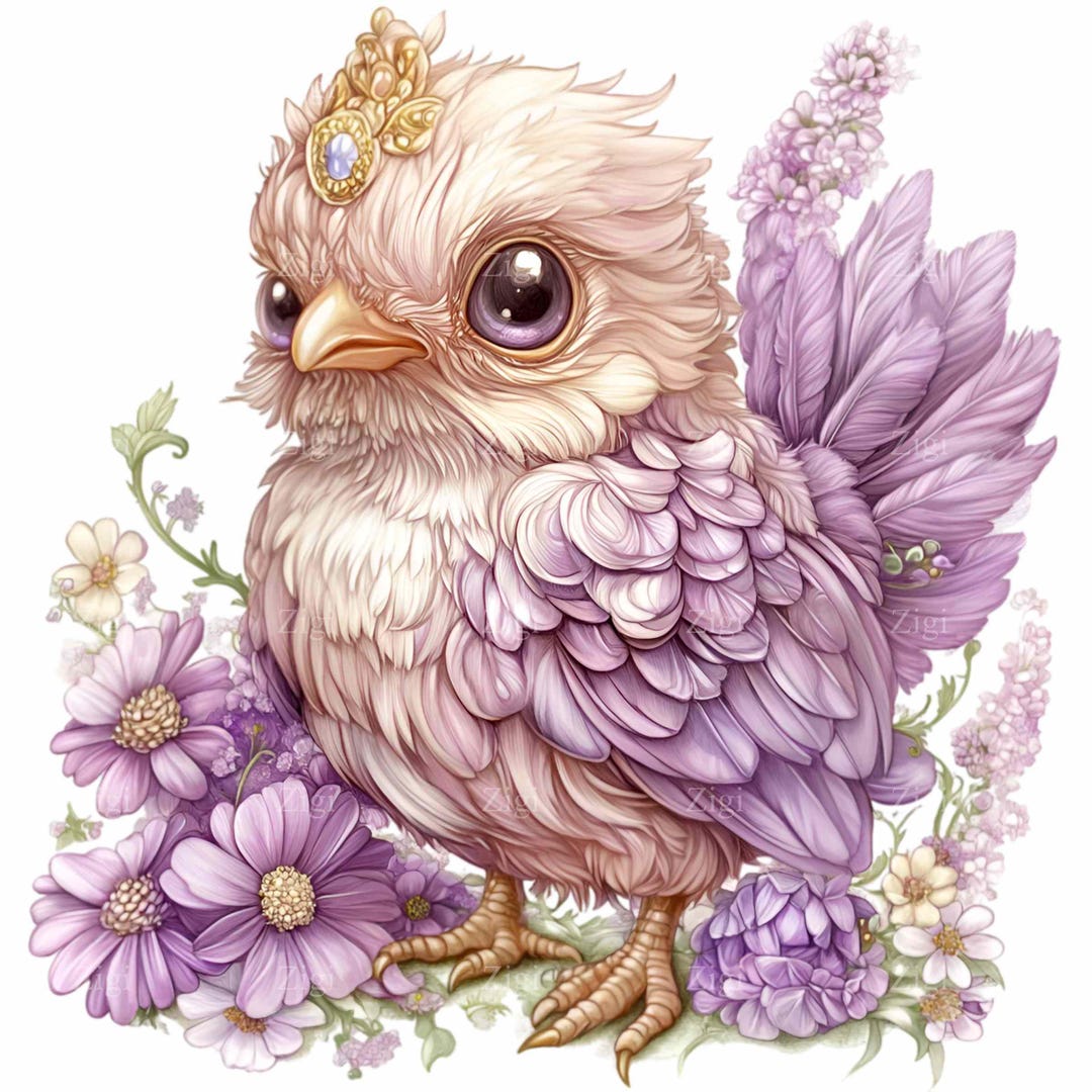 15 Majestic Chick Clipart PNG Purple Feathered Bird With Floral Crown ...