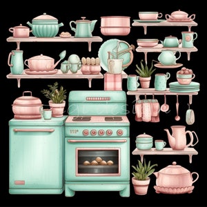 24 Retro Pastel Kitchen PNG Clipart, Vintage Blue Fridge & Stove With ...