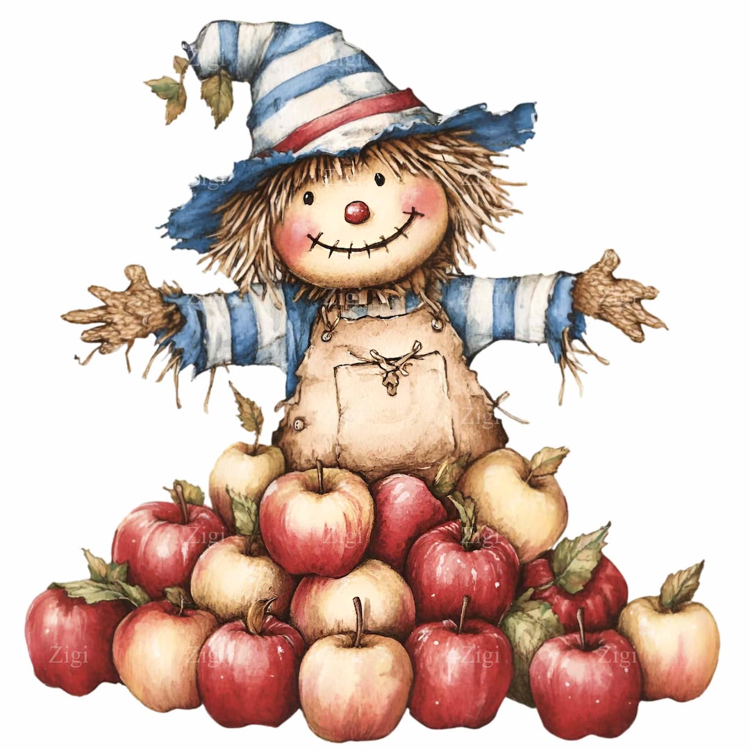 12 Apple Scarecrow PNG Clipart, Watercolor Autumn Doll With Apples and ...