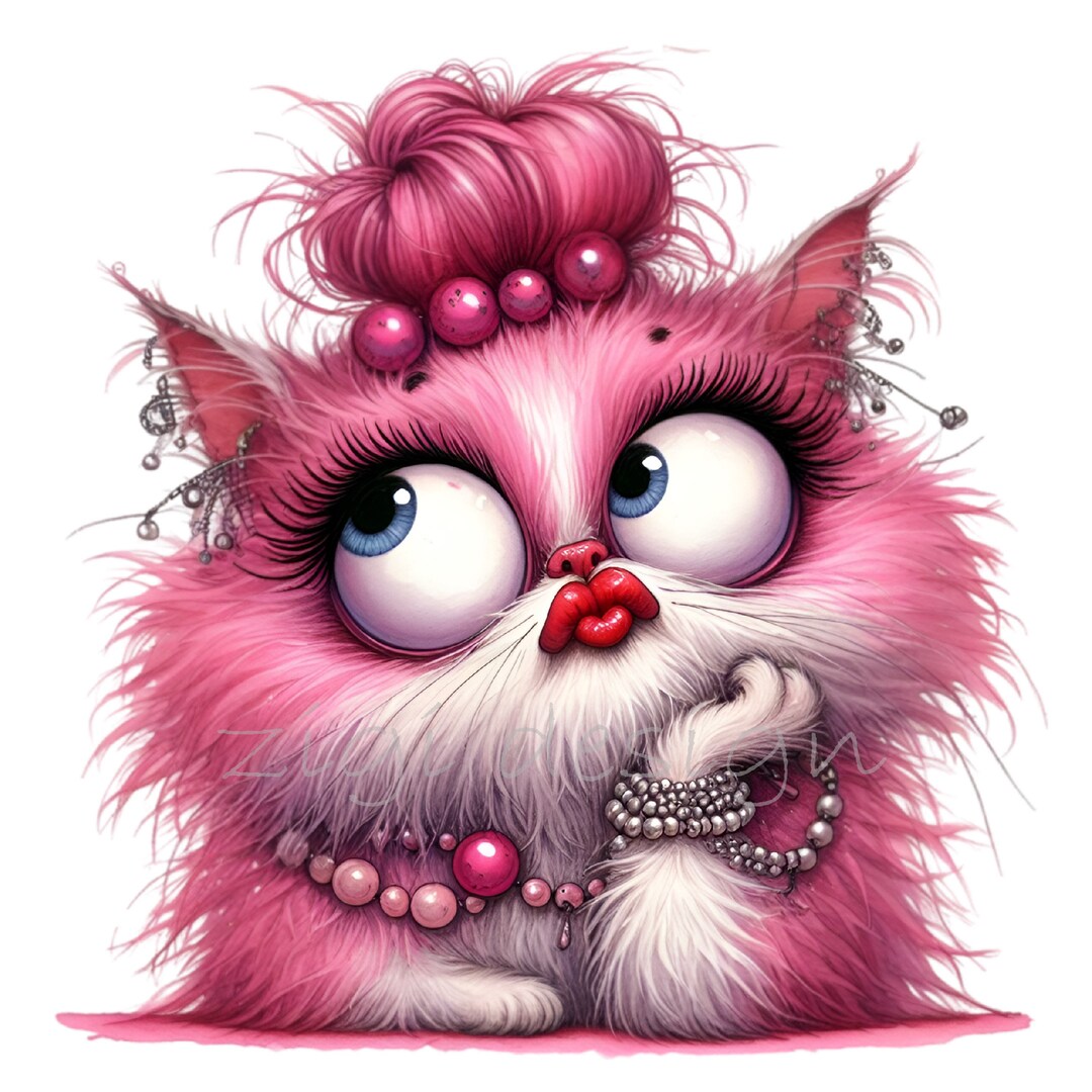 Glamorous Pink Cat Digital Clipart 12 PNG Adorable Cat Illustration ...