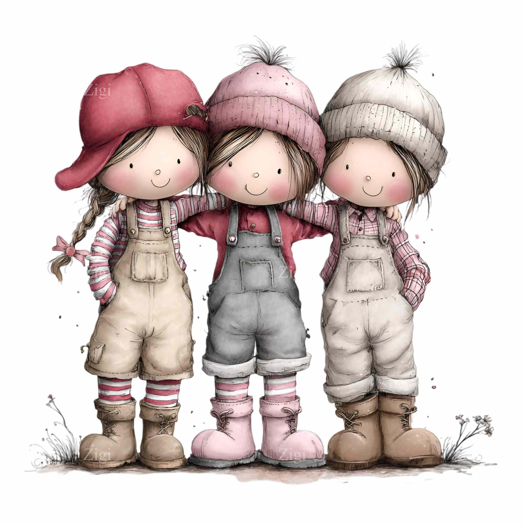 15 PNG Friends Trio Kids Clipart, Whimsical Children Illustration ...