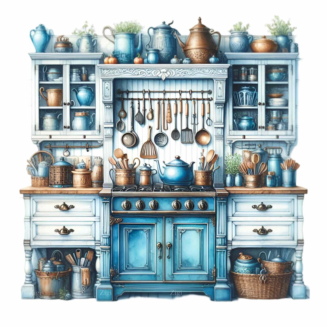 12 Vintage Blue Kitchen PNG Clipart, Rustic Farmhouse Cooking PNG ...