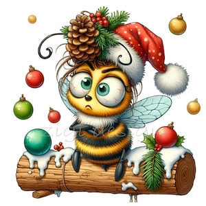 12 Christmas Bee PNG Clipart, Cute Bumblebee With Santa Hat and ...
