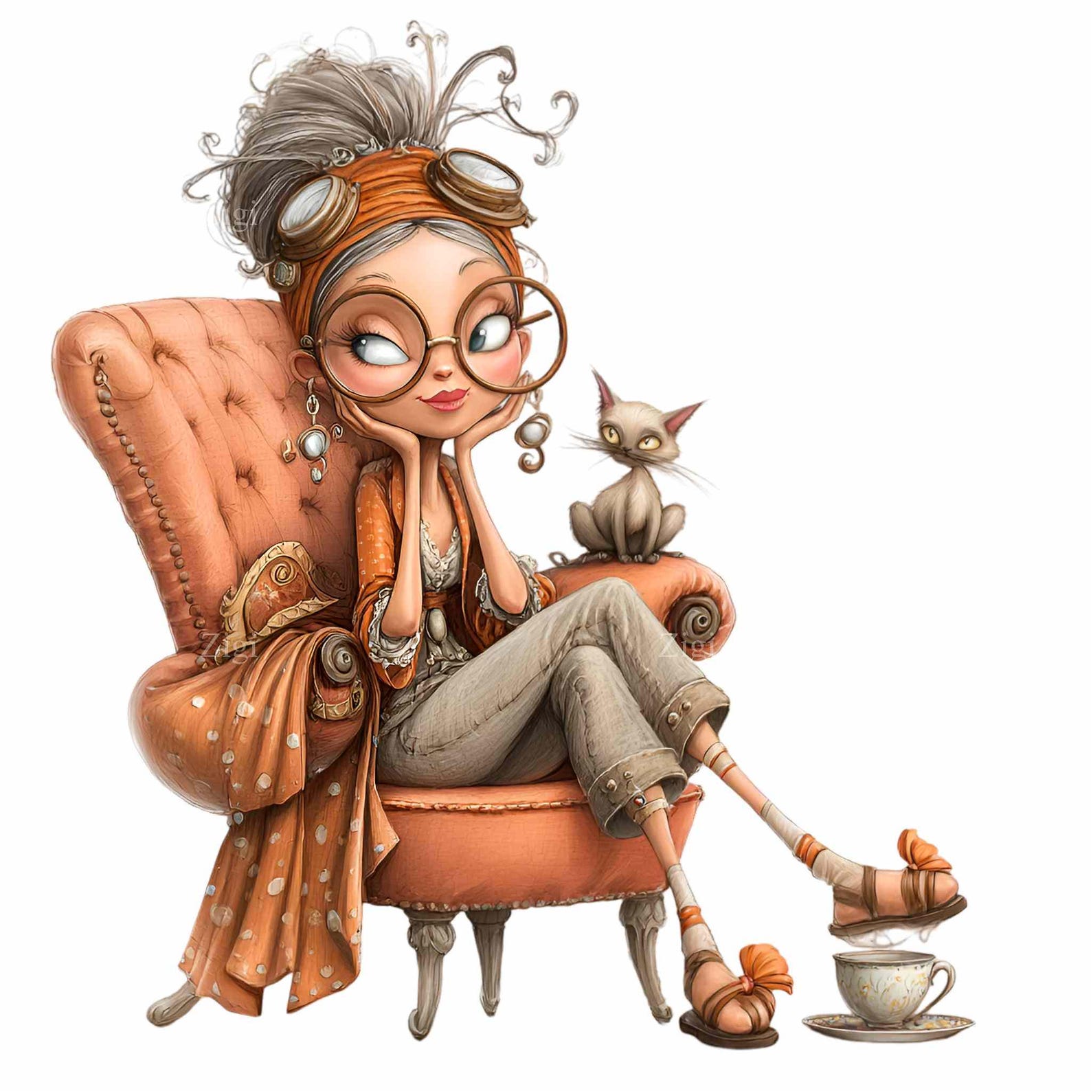 15 PNG Whimsical Lady Clipart - Funny Woman With Cat PNG - Digital ...