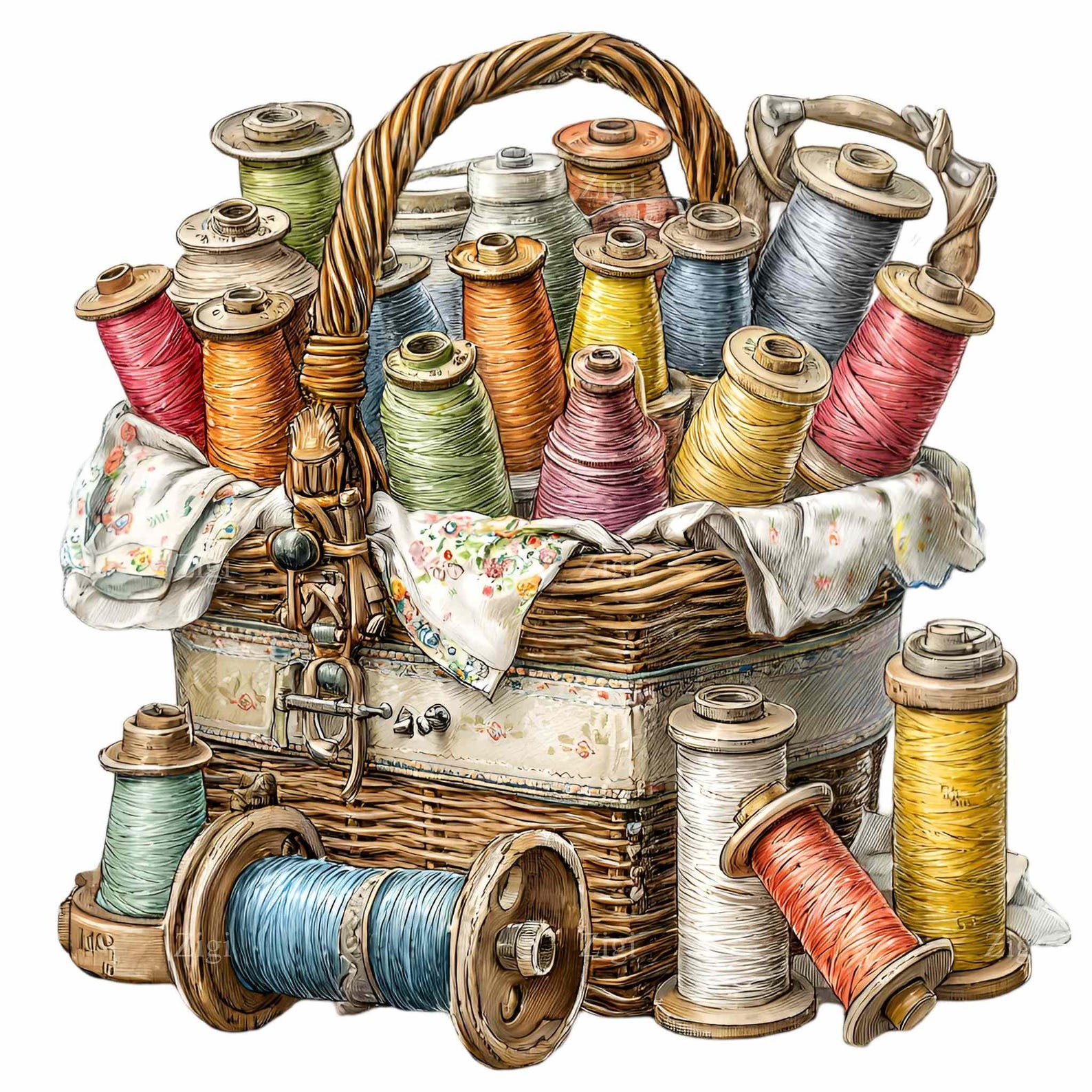 11 PNG Vintage Sewing Basket, Thread Spools Clipart, Craft Room ...