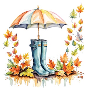 Autumn Rain Boots Clipart, 15 Fall Leaves Umbrella PNG, Watercolor ...