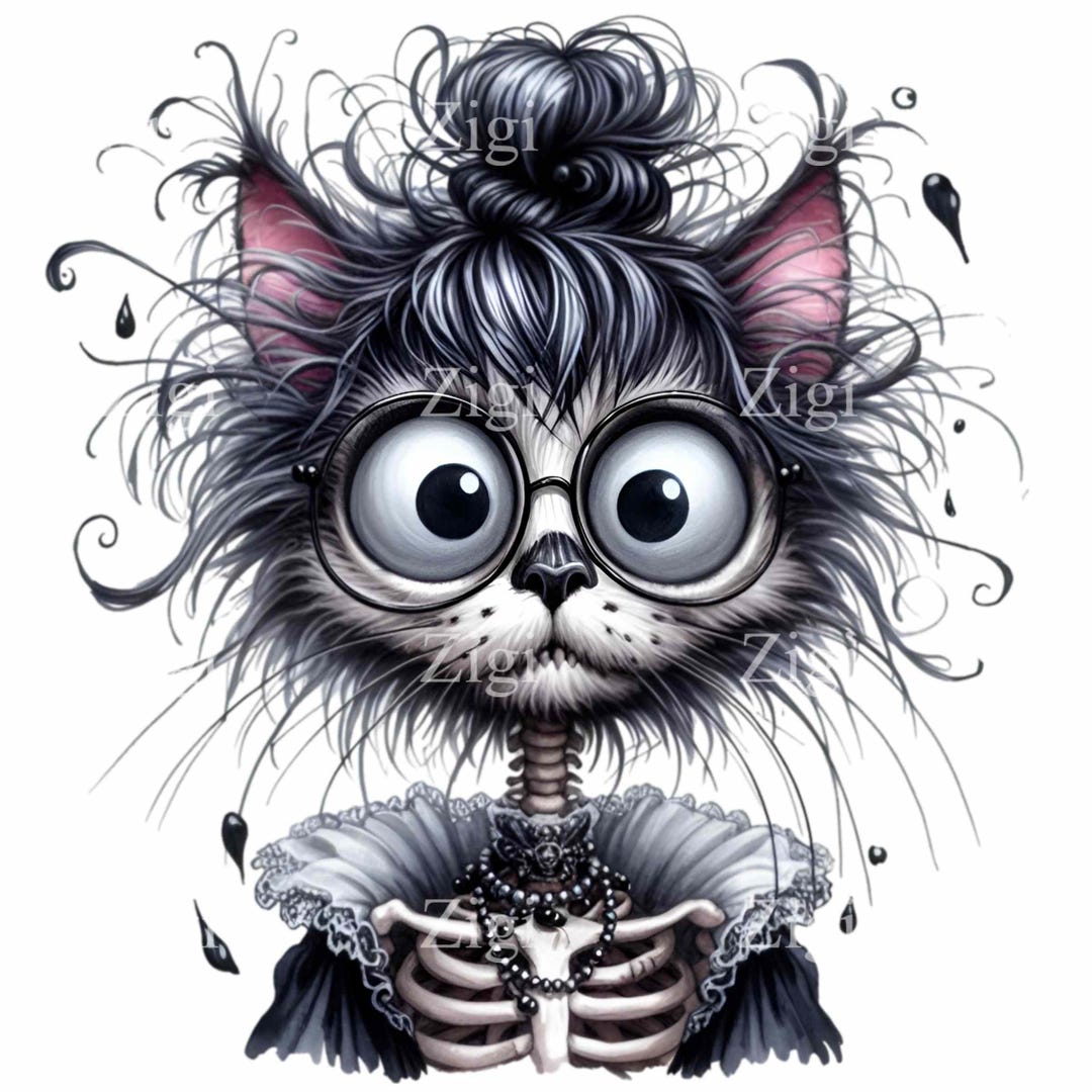14 Goth Skeleton Cat PNG Clipart – Spooky Halloween Cat With Glasses ...