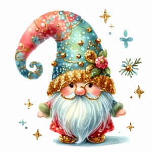 14 Colorful Glitter Gnome PNG Clipart, Cute Festive Gnome With Gold ...