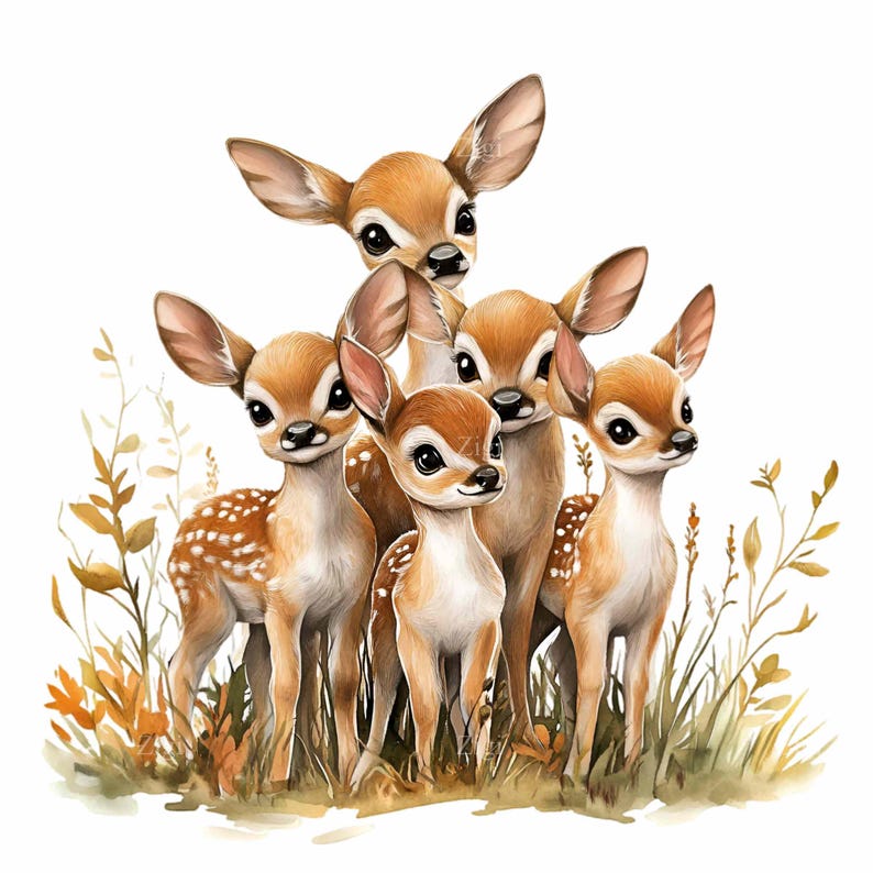 17 PNG Five Baby Deer, Woodland Family Clipart, Spotted Fawn Nursery ...