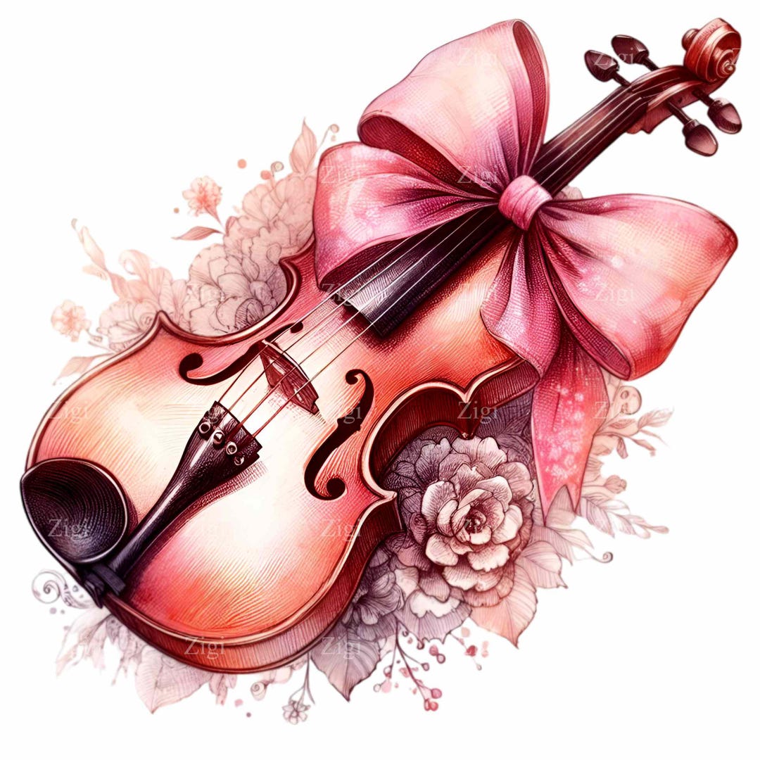 12 Vintage Violin PNG Clipart, Elegant Pink Violin With Bow and Flowers ...
