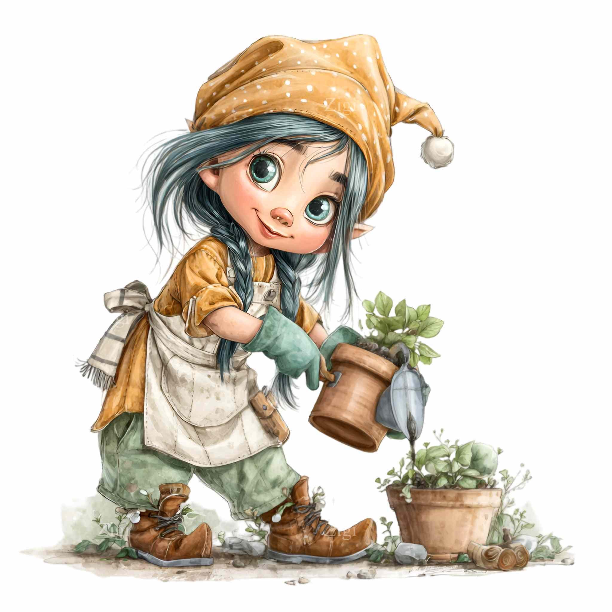 16 PNG Gardening Elf Clipart – Whimsical Spring Girl, Plants & Watering ...