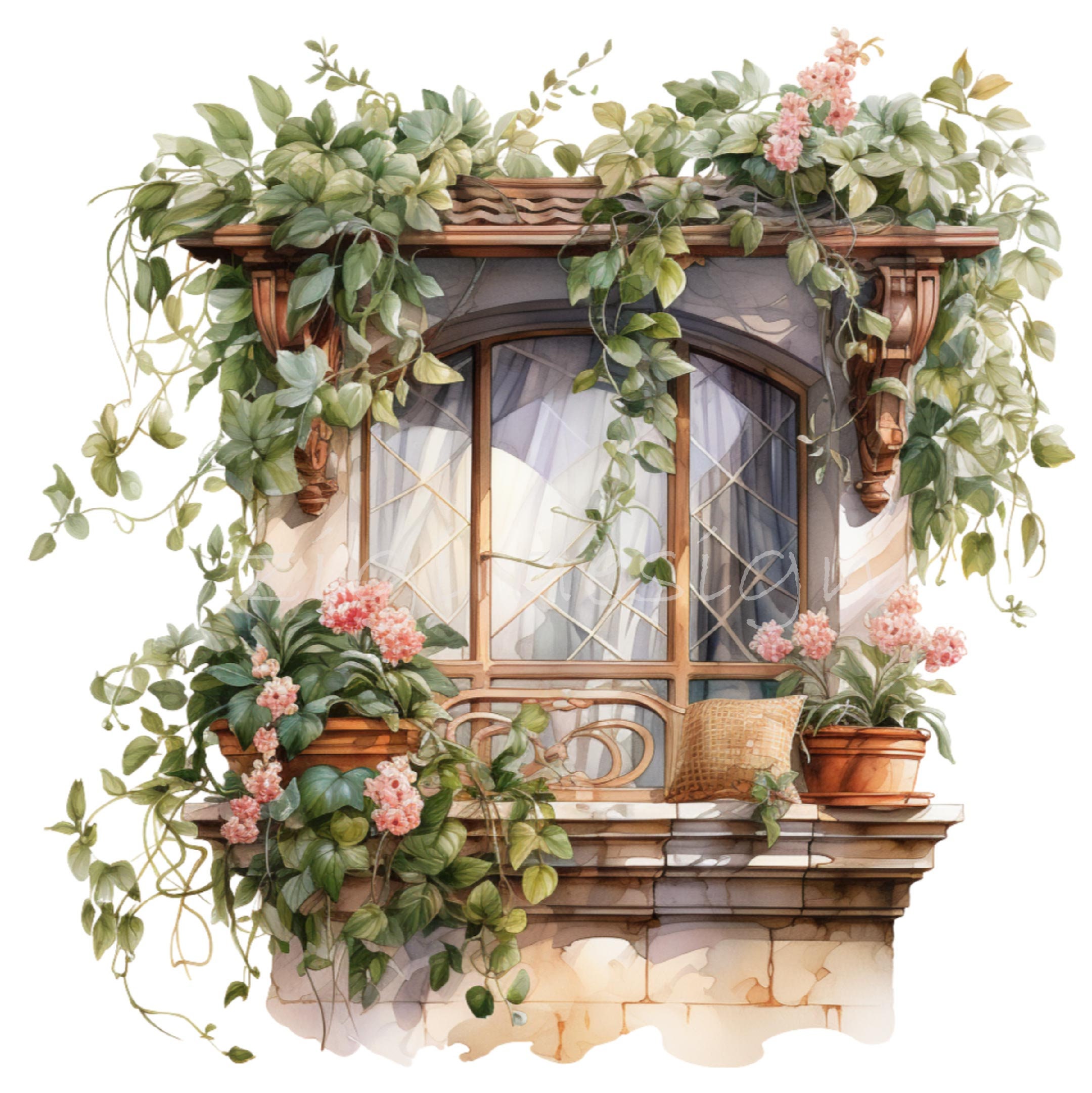15 PNG Watercolor Garden Window, Pink Floral Window Box Clipart, Stone ...