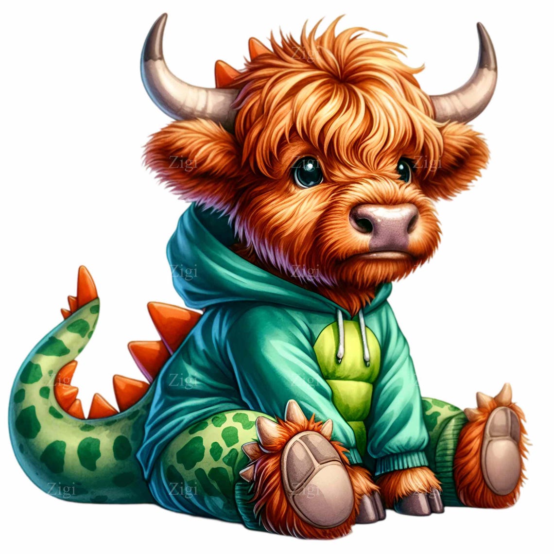 12 Highland Cow in Dino Costume PNG - Cute Fluffy Cow Digital Clipart ...