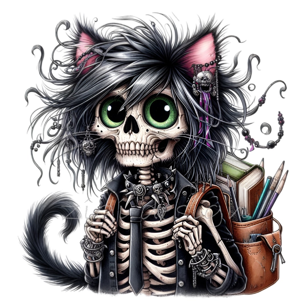 Gothic Cat Skeleton Student Clipart 12 PNG Cute Skeleton With Green ...